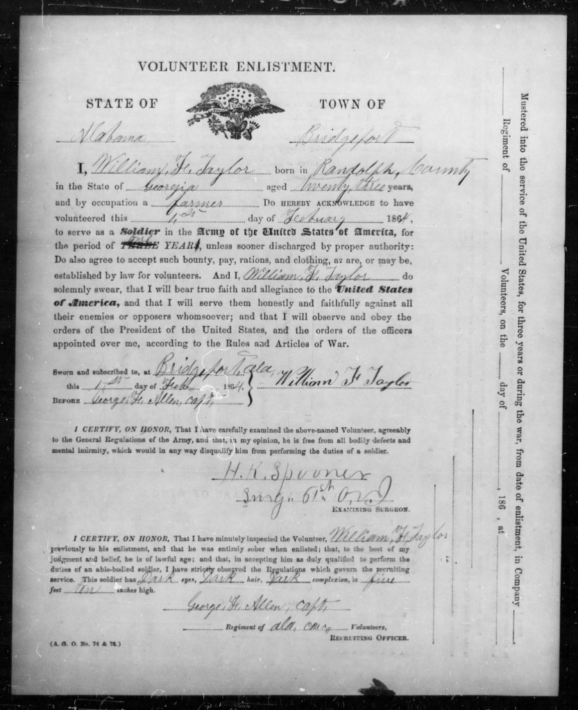 William F. Taylor Civil War Enlistment Paper | Bob’s Genealogy Filing ...